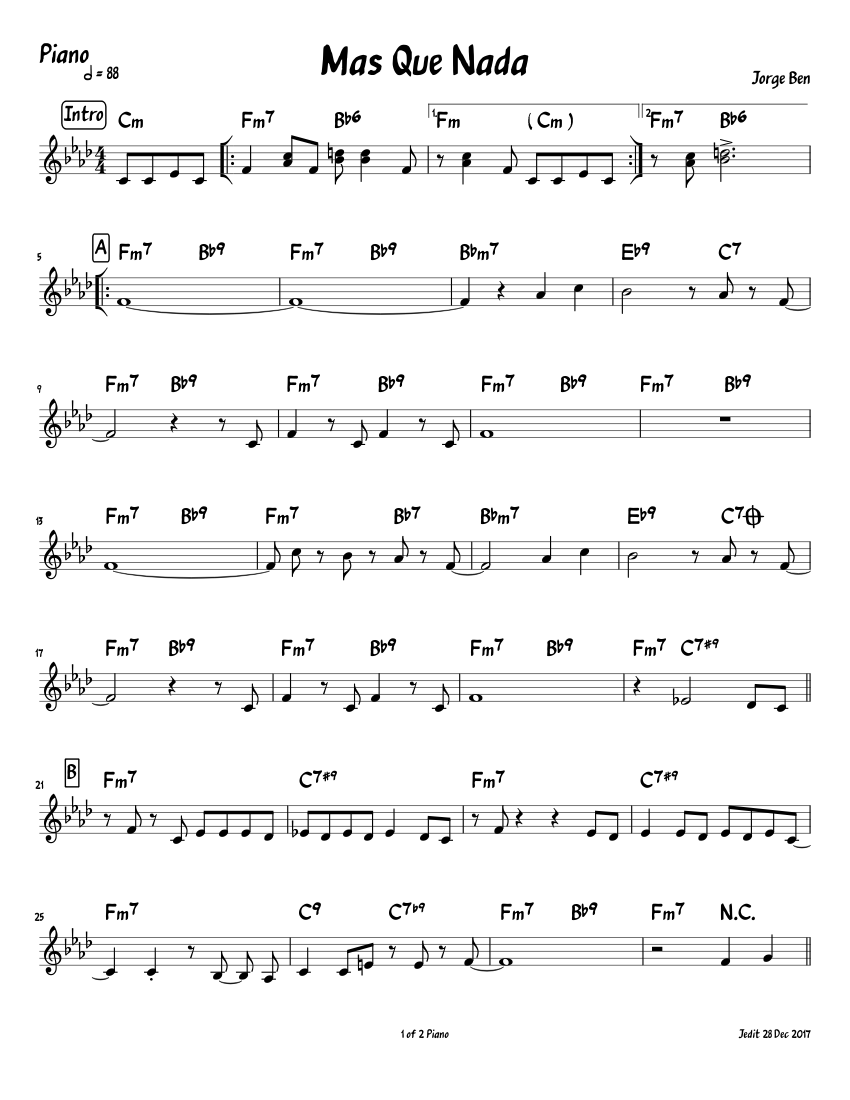 Mas Que Nada Sheet Music with Chords for Piano (Solo) easy | MuseScore.com