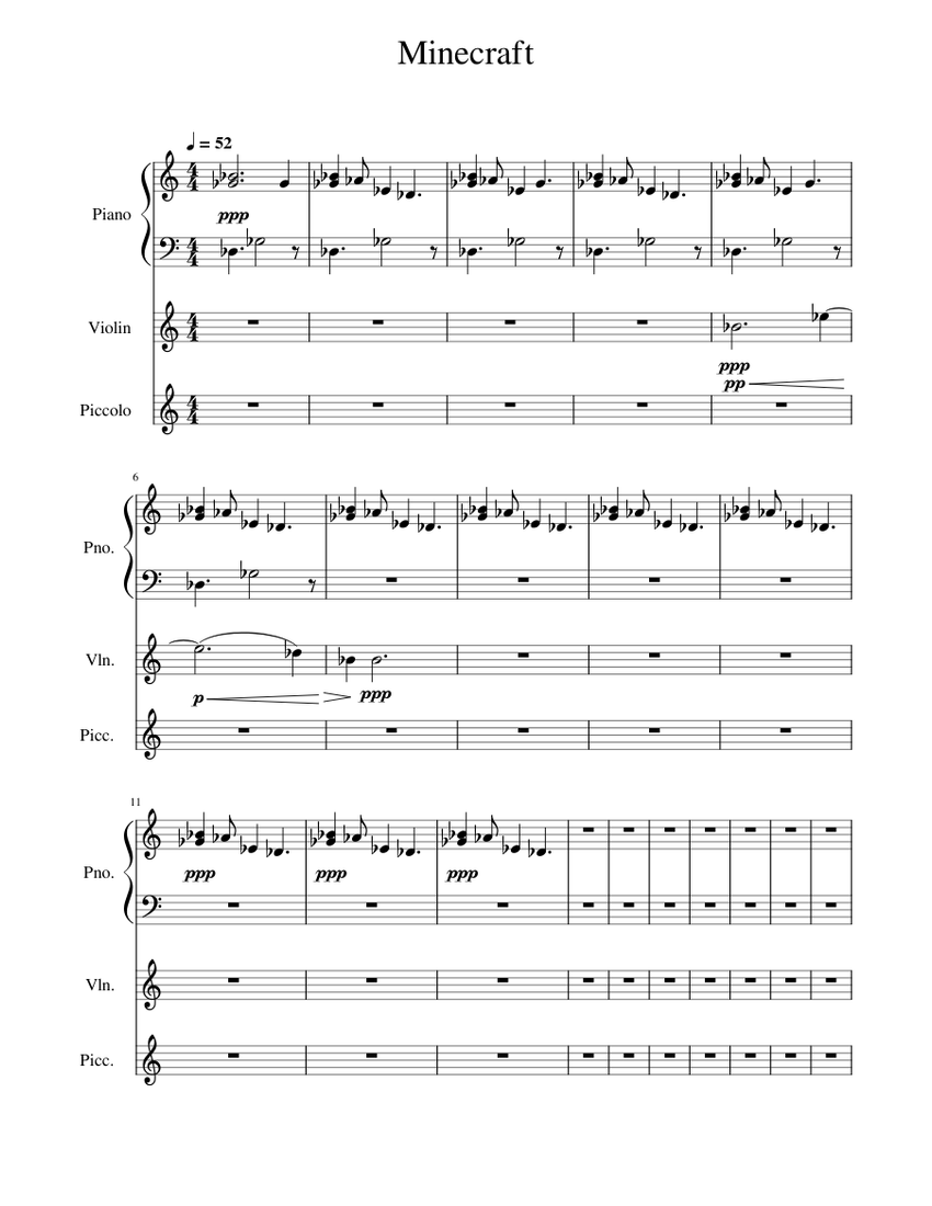 Minecraft theme Sheet Music for Piano, Flute piccolo, Violin (Solo ...