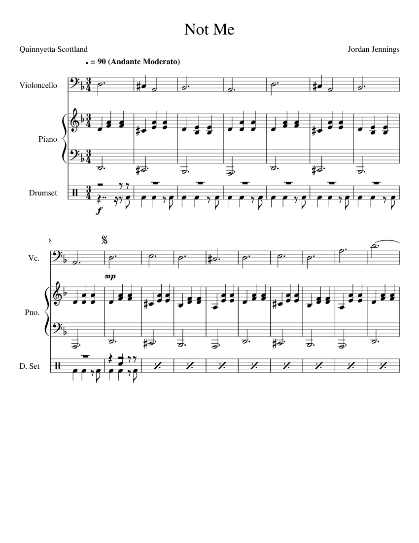 Not Me Sheet music for Piano, Cello, Drum group (Mixed Trio ...