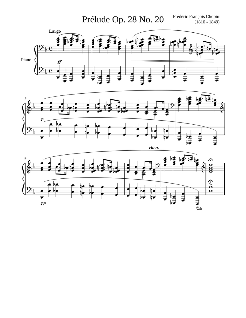 Chopin - Prelude Op. 28 No. 20 - Transcribed to D Minor Sheet Music for ...