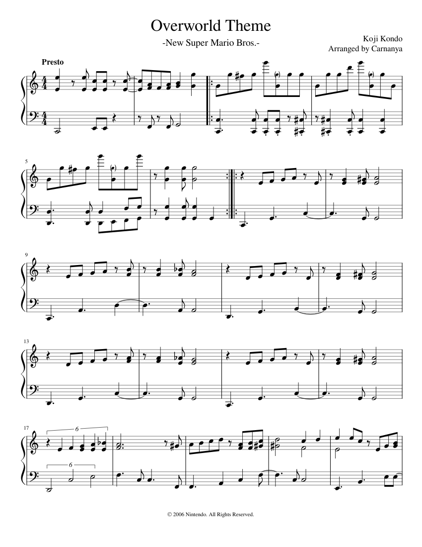 Overworld Theme - New Super Mario Bros. (DS) Sheet Music for Piano ...