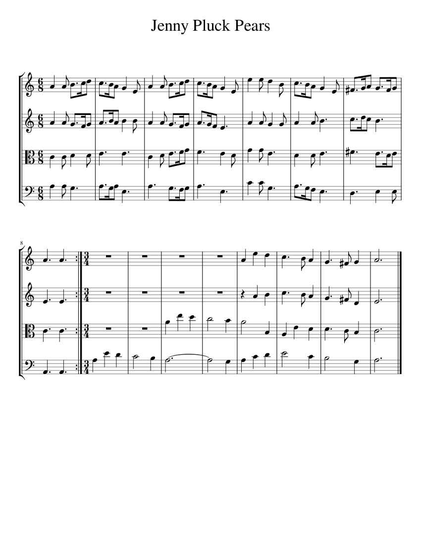Jenny Pluck Pears Sheet music for Violin, Viola, Cello (String Quartet ...