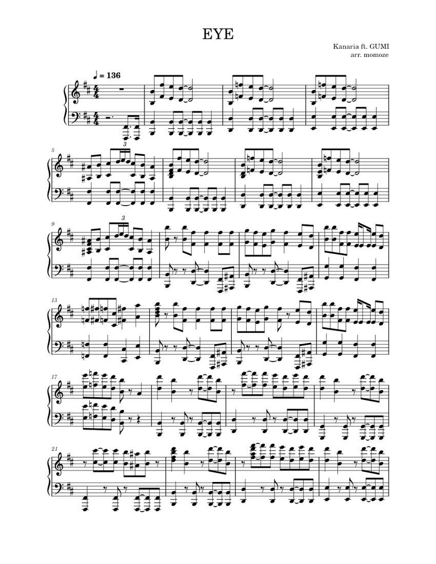 EYE – Kanaria ft. GUMI Sheet Music for Piano (Solo) | MuseScore.com