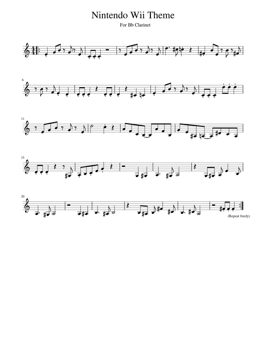 Nintendo Wii Theme for Bb Clarinet Sheet Music for Piano (Solo) easy ...