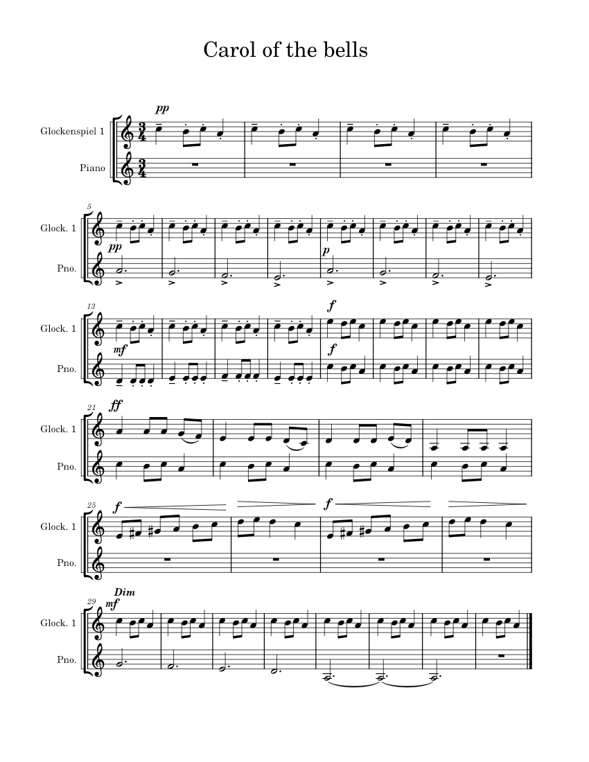 Carol of the Bells Sheet Music for Piano, Glockenspiel (Mixed Duet ...