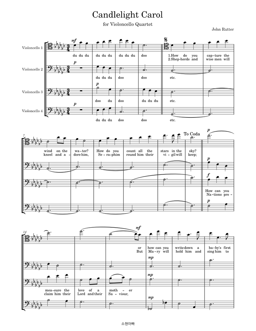 Candlelight carol – John Rutter Sheet Music for Cello (String Quartet ...
