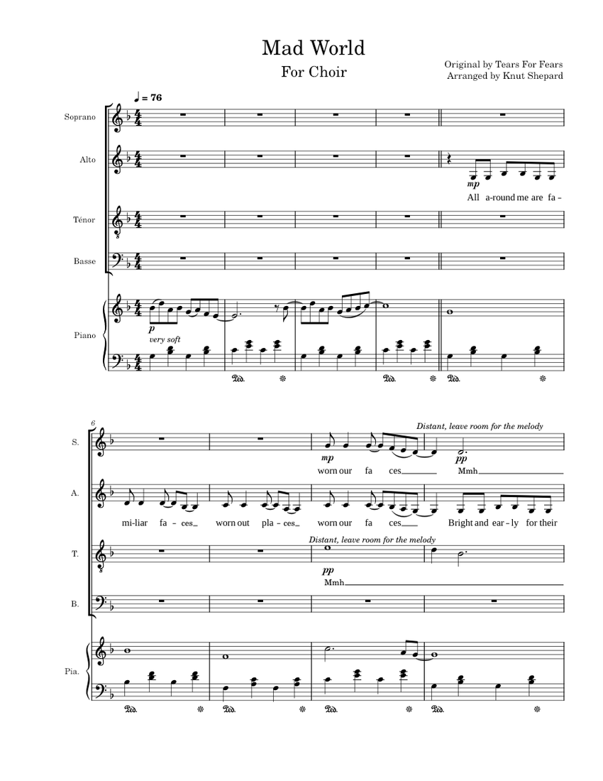 Mad World - Tears For Fears (Choir Arrangement) Sheet music for Piano, Soprano, Alto, Tenor ...