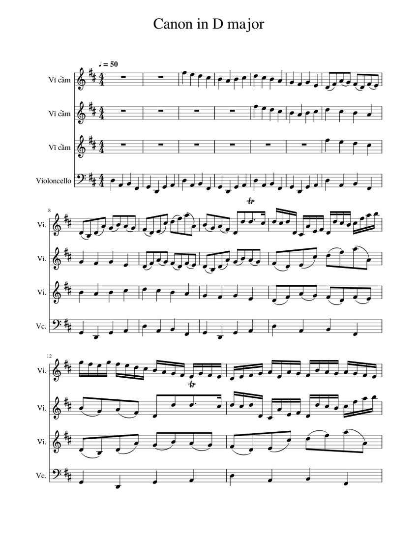 Canon in D (Johann Pachabell) for 4 Violin and a Violincello Sheet ...