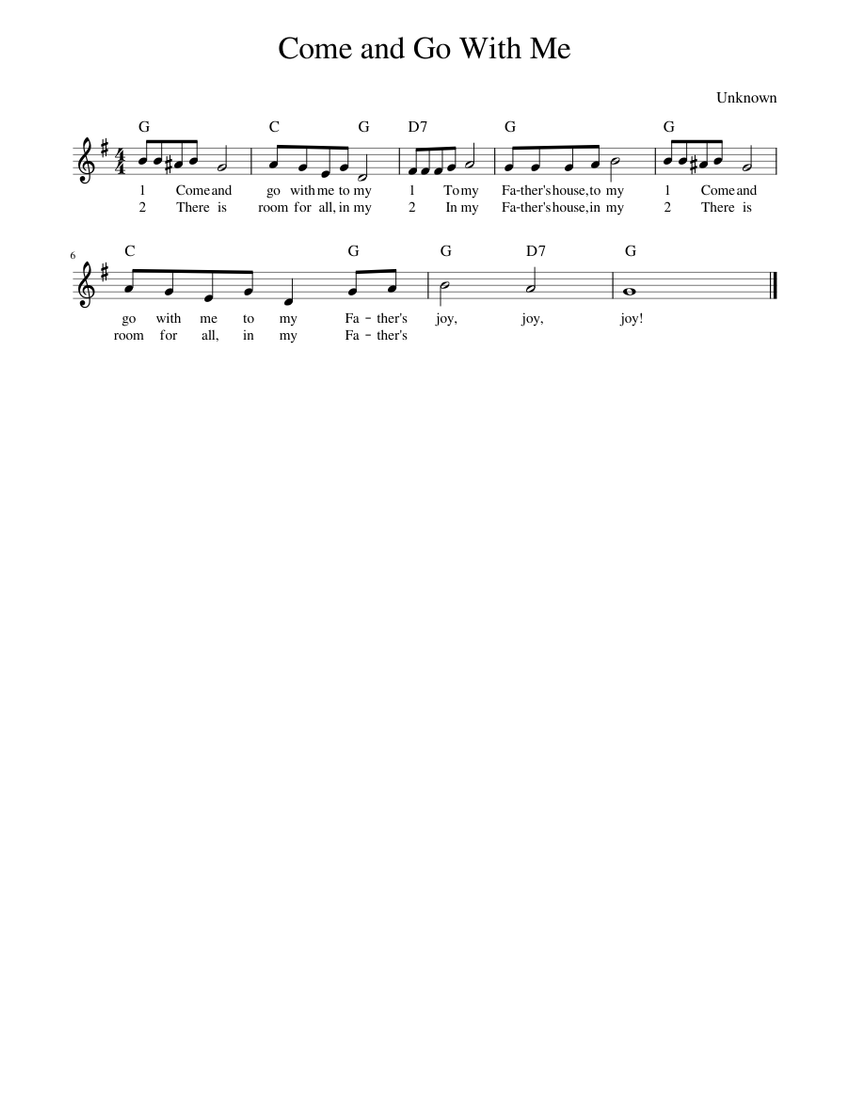 Come and Go With Me Sheet Music with Chords for Piano (Solo) easy ...