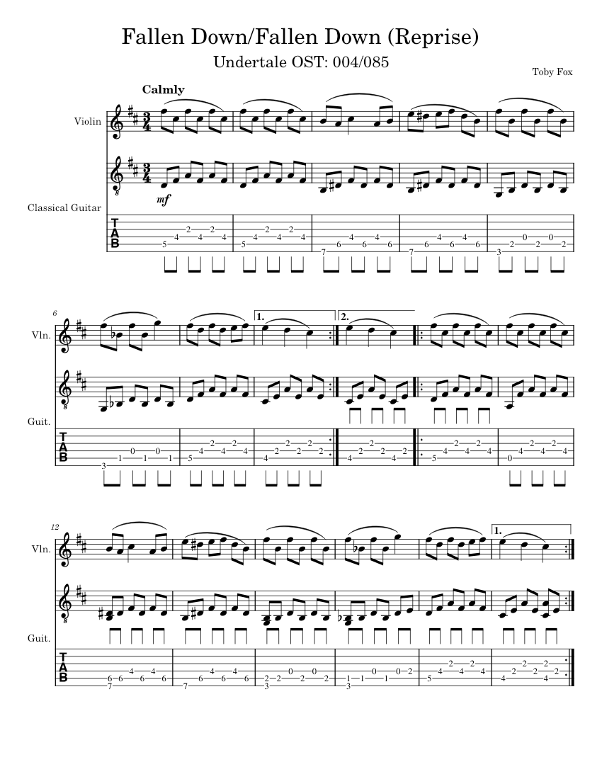 Fallen Down/Fallen Down (Reprise) Sheet Music and Tab for Violin ...
