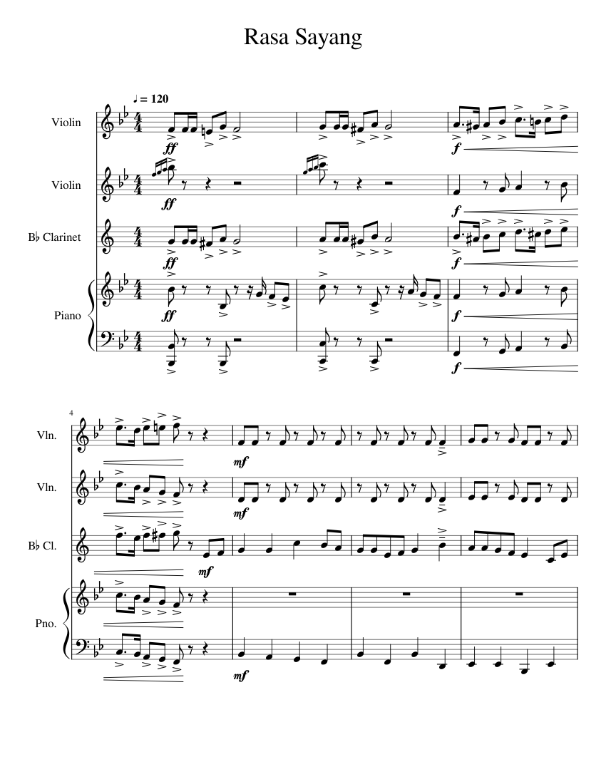 Rasa_Sayang Sheet Music for Piano, Clarinet in b-flat, Violin (Mixed ...