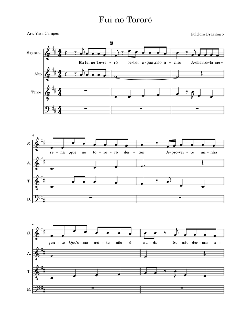 Fui no Tororó Sheet music for Soprano, Alto, Tenor, Bass voice (Choral ...