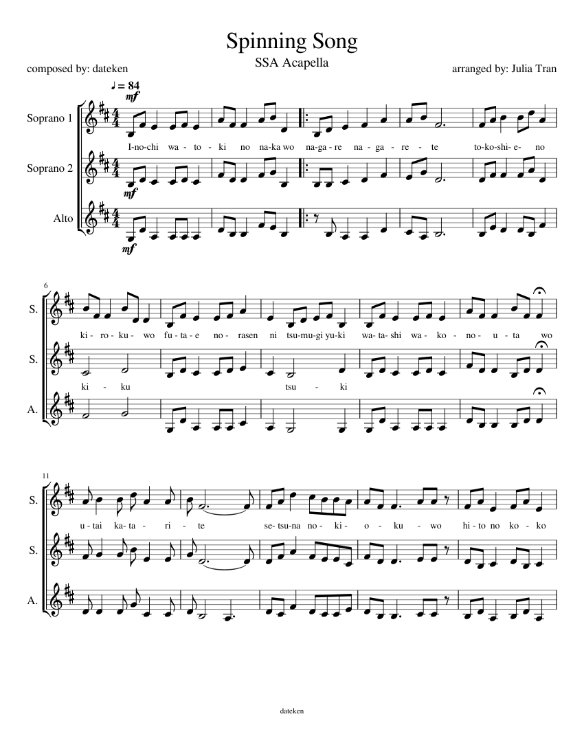 Spinning Song Ssa Acapella Read Description Sheet Music For Soprano