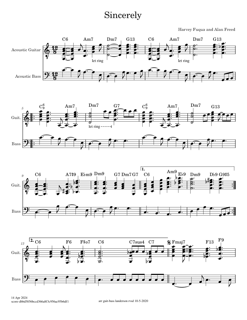 Sincerely – Harvey Fuqua and Alan Freed Sheet music for Guitar, Bass ...