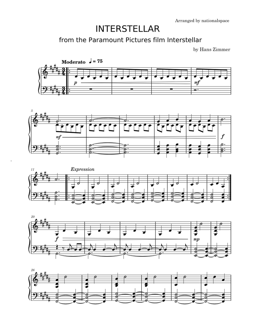Interstellar - Main theme Interstellar Sheet Music for Piano (Solo ...
