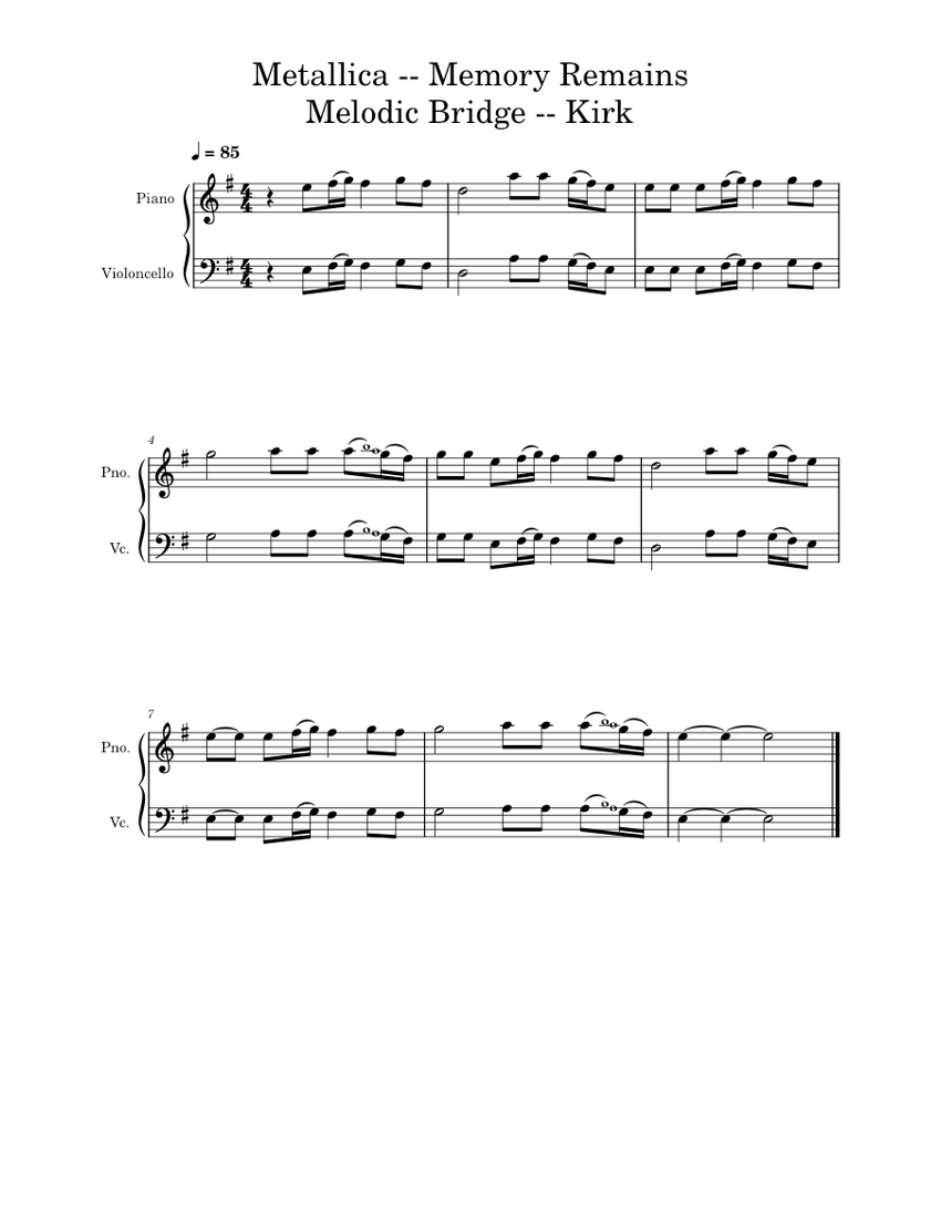 Metallica -- Memory Remains Melodic Bridge Sheet Music for Piano, Cello ...