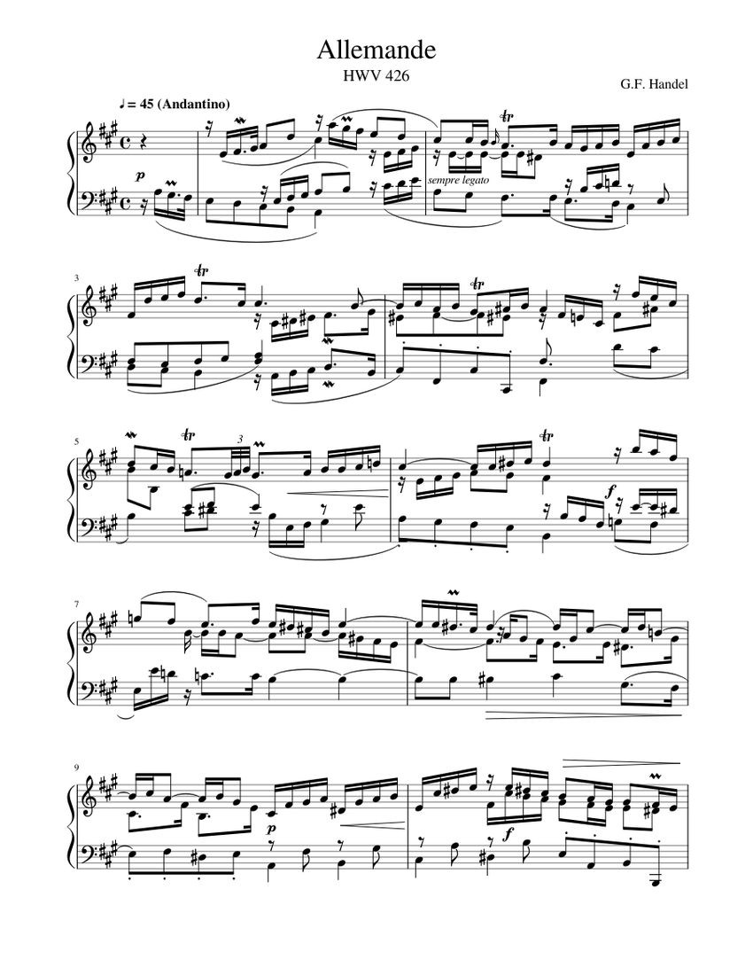 Handel HWV 426, Allemande Sheet Music for Piano (Solo) | MuseScore.com