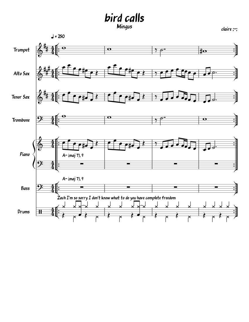 bird calls Sheet Music for Piano, Trombone, Saxophone alto, Saxophone ...