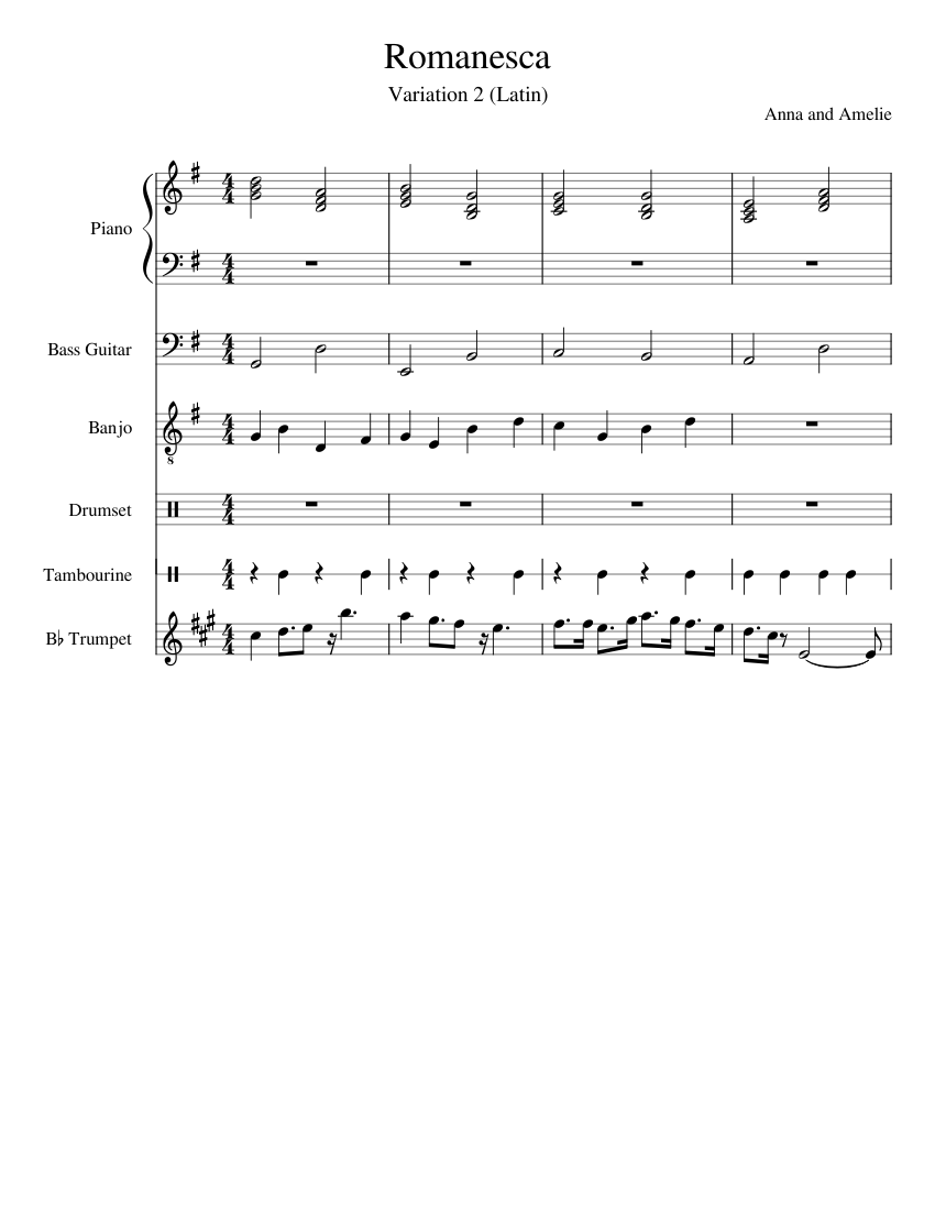 Romanesca Variation (Latin) Sheet music for Piano, Tambourine, Trumpet ...