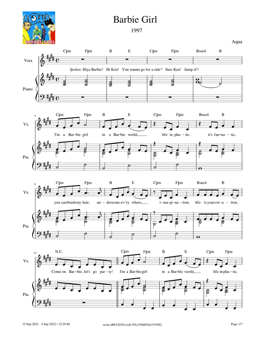 Barbie Girl – Aqua Sheet music for Piano, Vocals (Piano-Voice ...