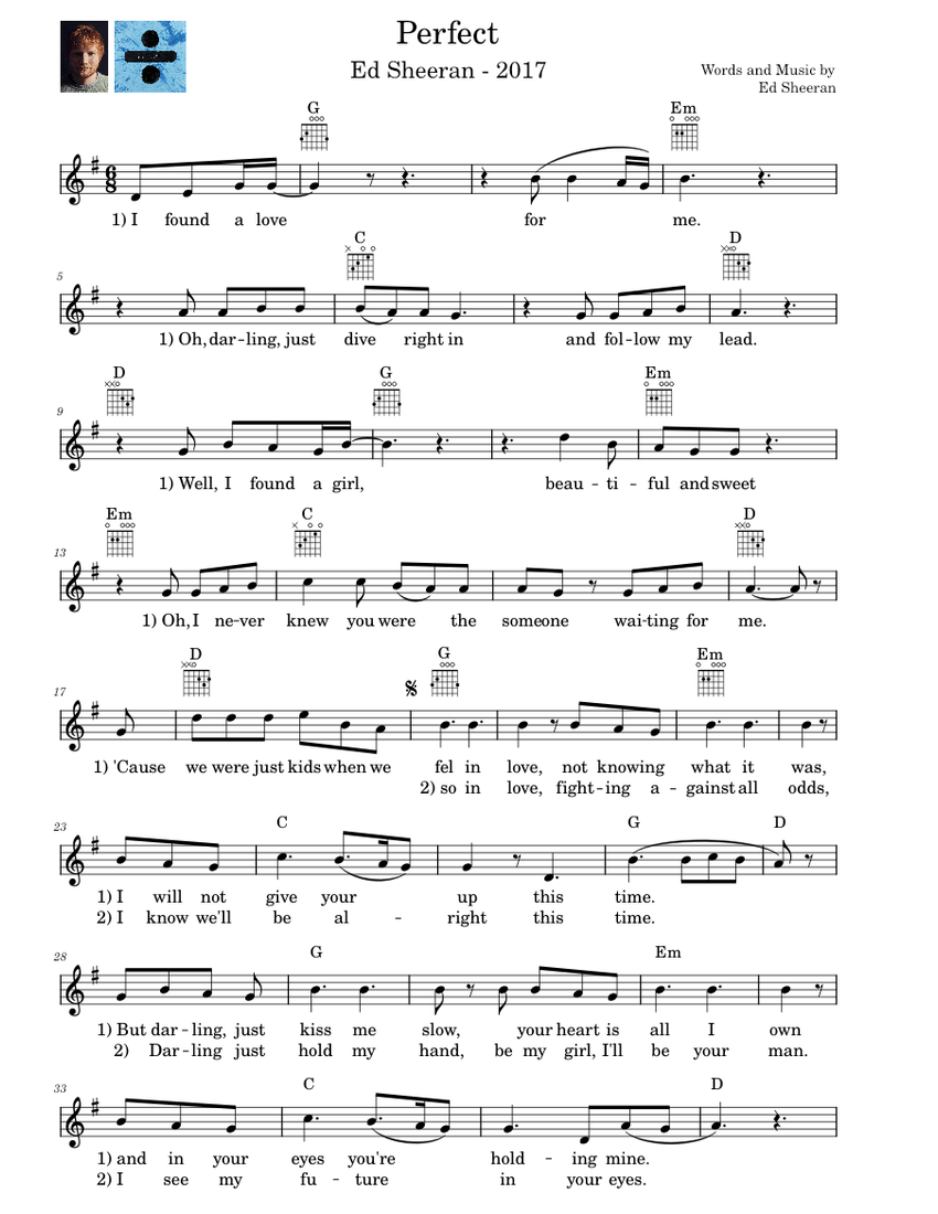 Perfect – Ed Sheeran Sheet music for Vocals, Guitar (Mixed Trio ...