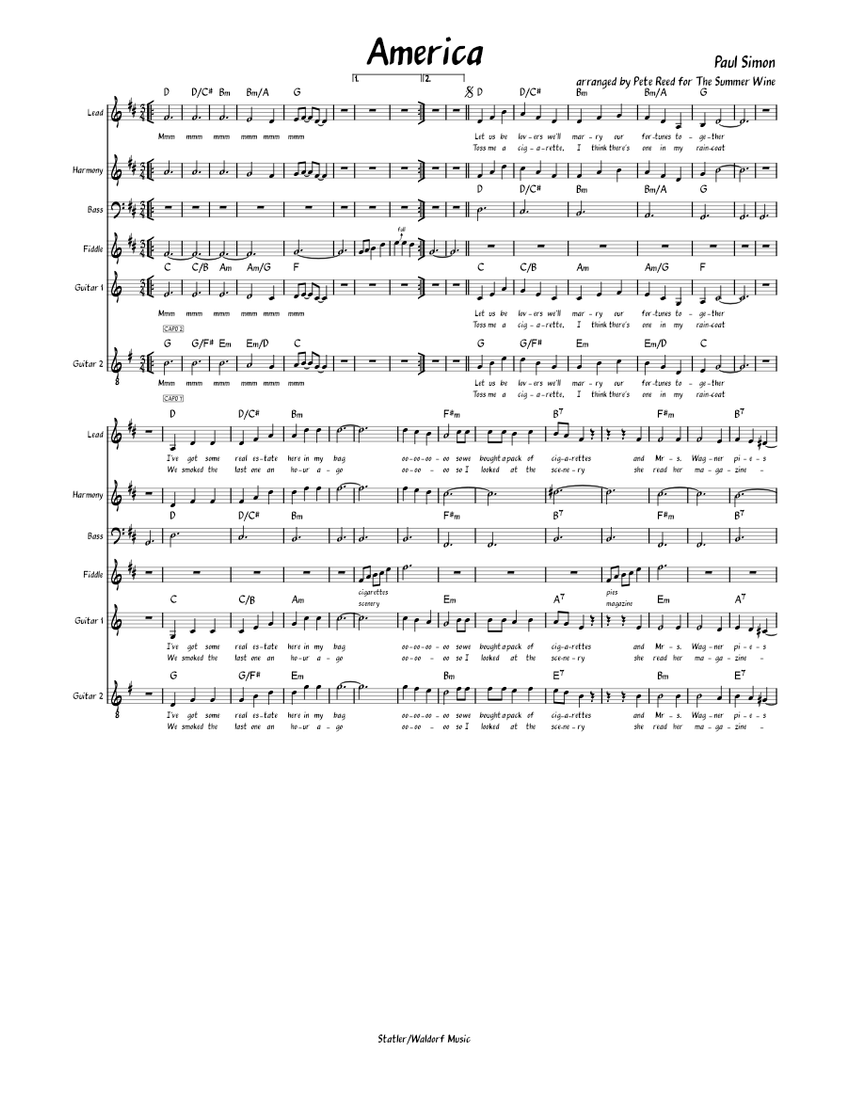 America Sheet Music for Vocals, Violin, Guitar, Bass guitar (Mixed ...