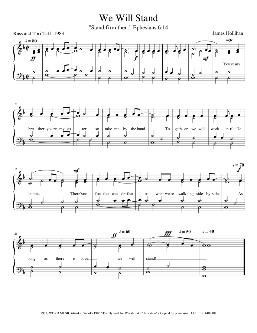 We Will Stand Sheet Music for Piano (Solo) Easy | MuseScore.com