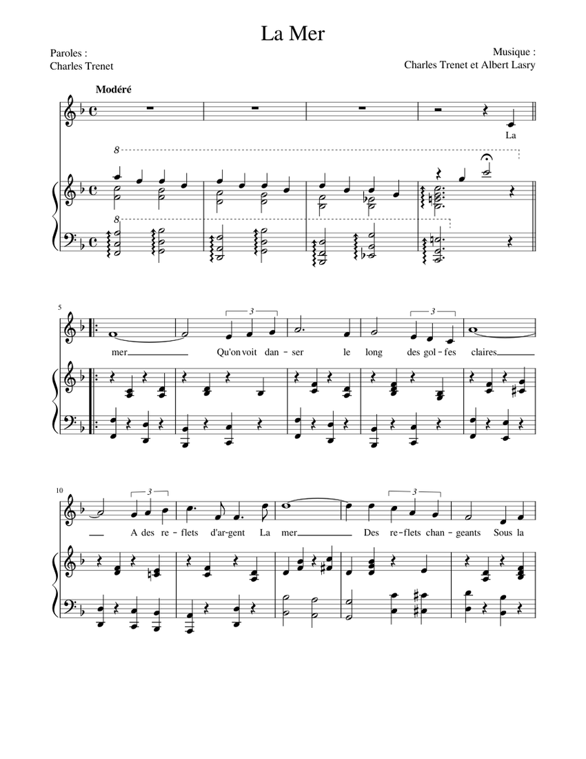 La Mer – Charles Trenet Sheet Music for Piano, Vocals (Piano-Voice ...