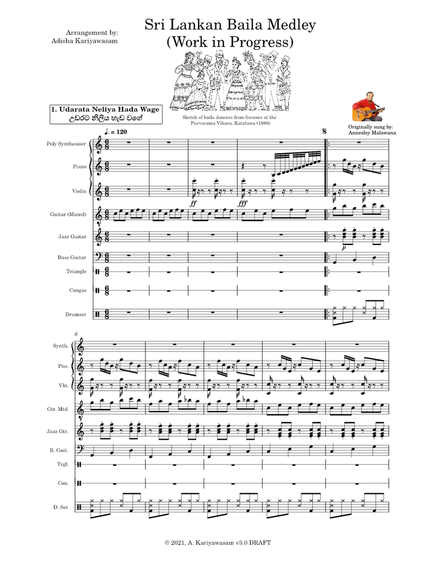 Sri Lankan Baila Medley (DRAFT v3.0) Sheet Music for Piano, Violin ...
