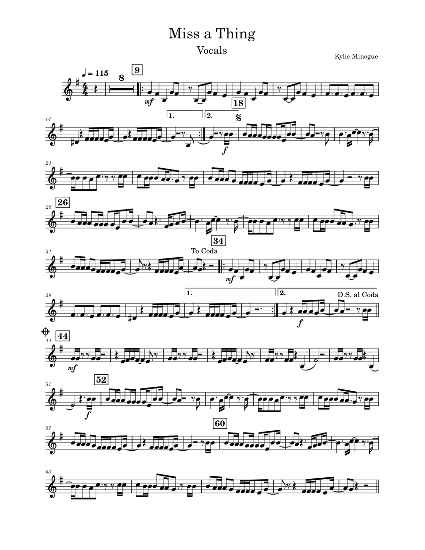 Miss a Thing – Kylie Minogue - Vocals Sheet Music for Piano (Solo) easy ...