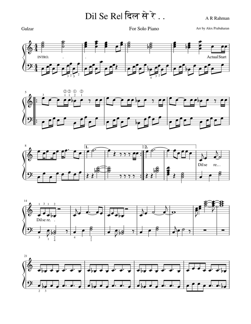 Dil_Se_re. . . | दिल से रे . . Sheet Music for Piano (Solo) Easy ...