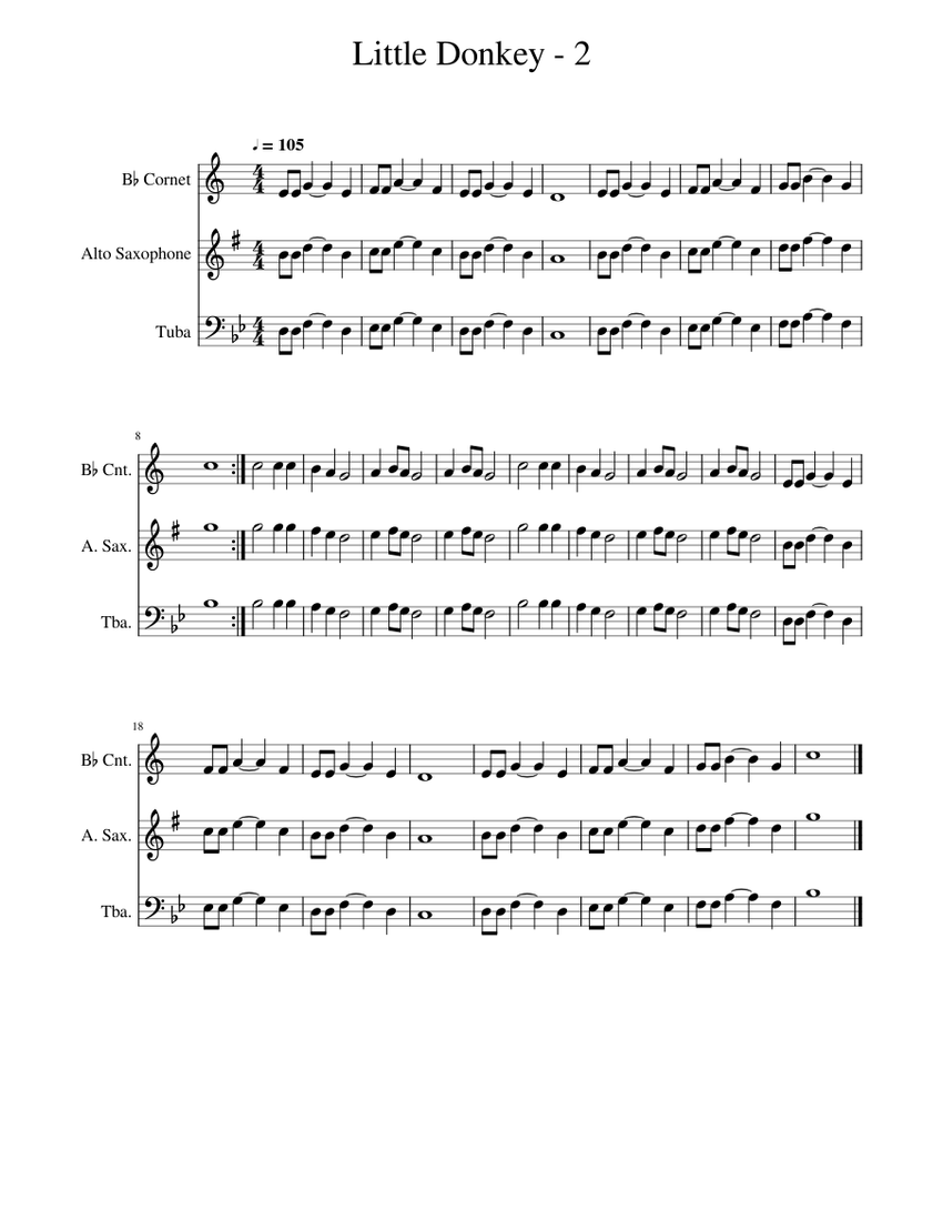 Little Donkey - Beginner Band Sheet Music for Cornet, Tuba, Saxophone ...