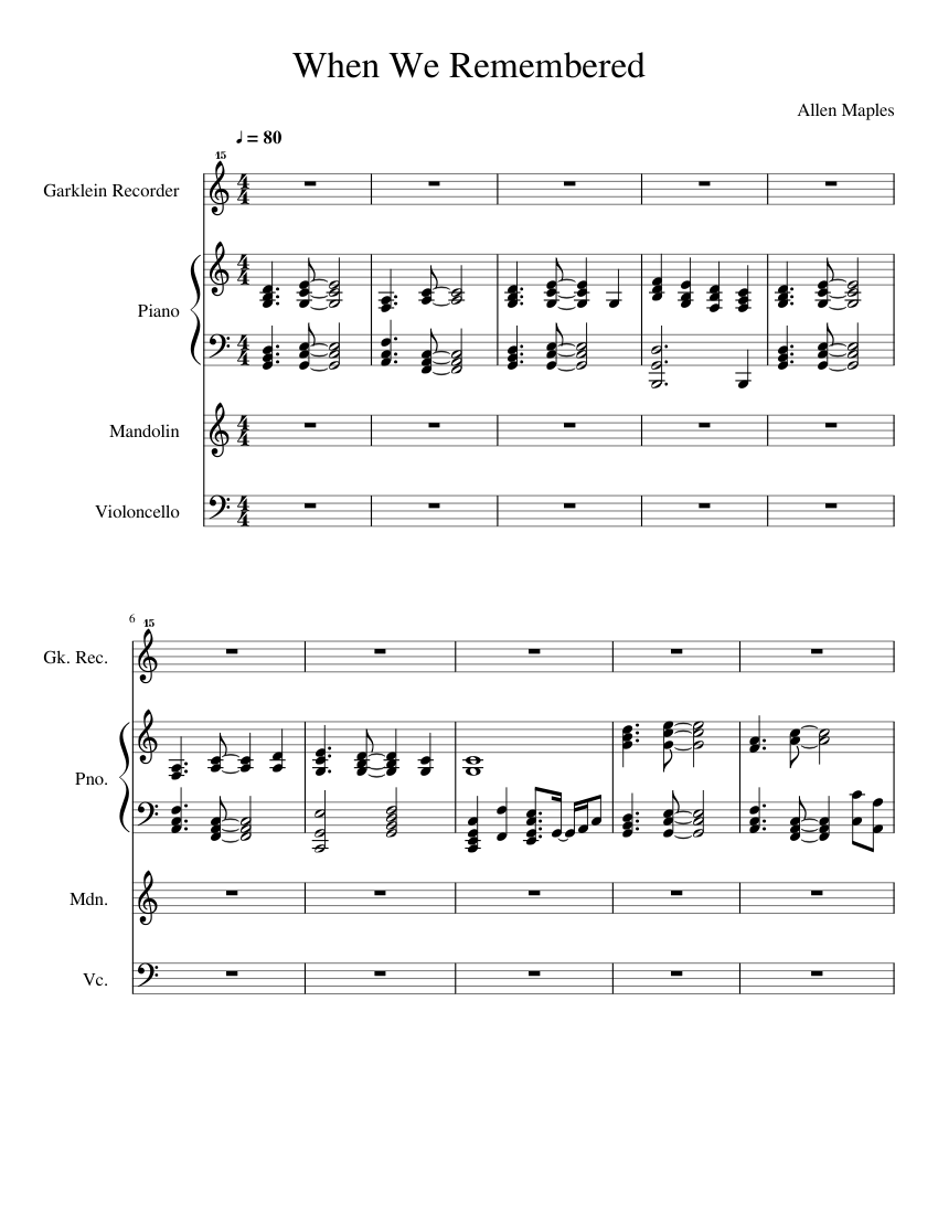 When We Remembered Sheet Music for Piano, Cello, Mandolin, Recorder ...