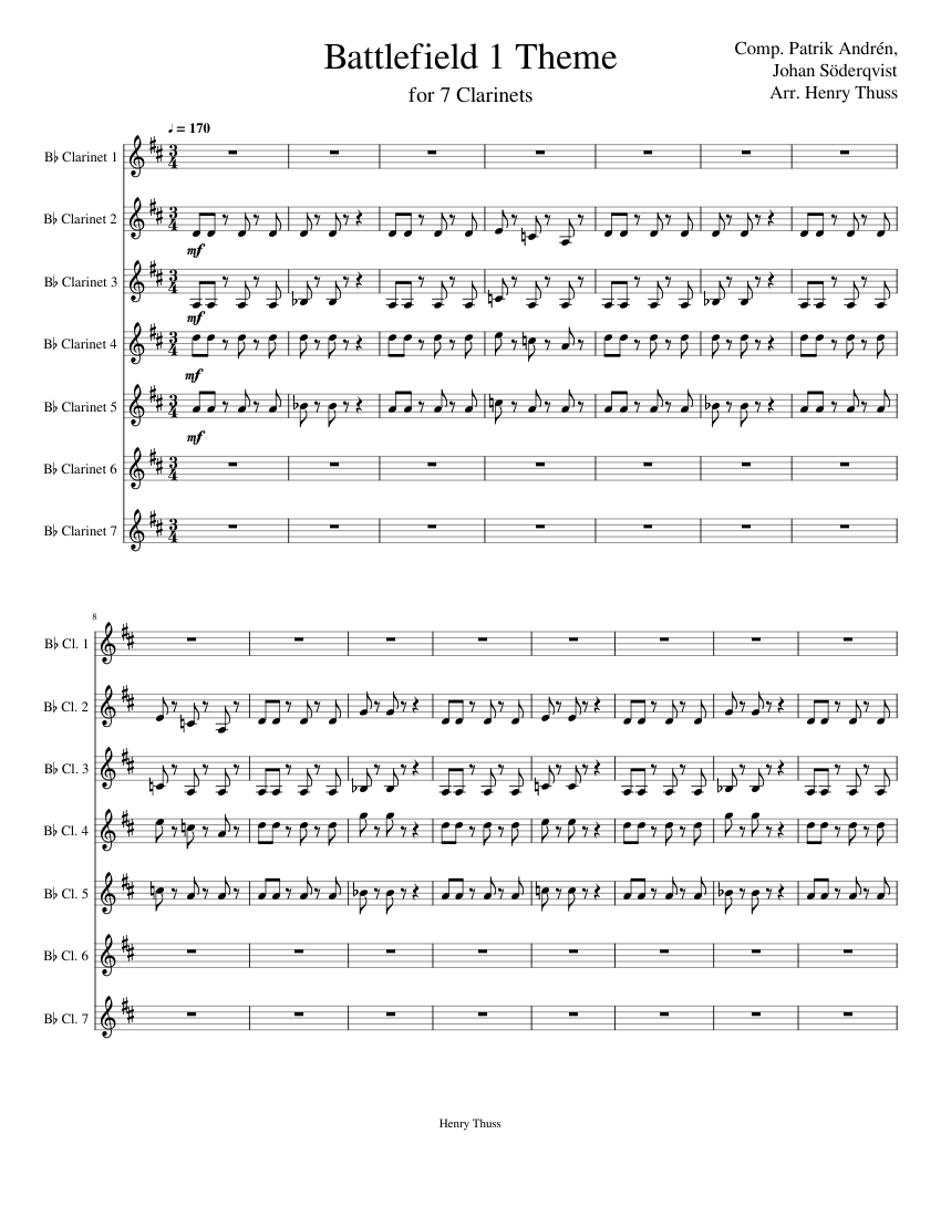 Battlefield 1 Theme for 7 Bb Clarinets Sheet Music for Clarinet in b ...