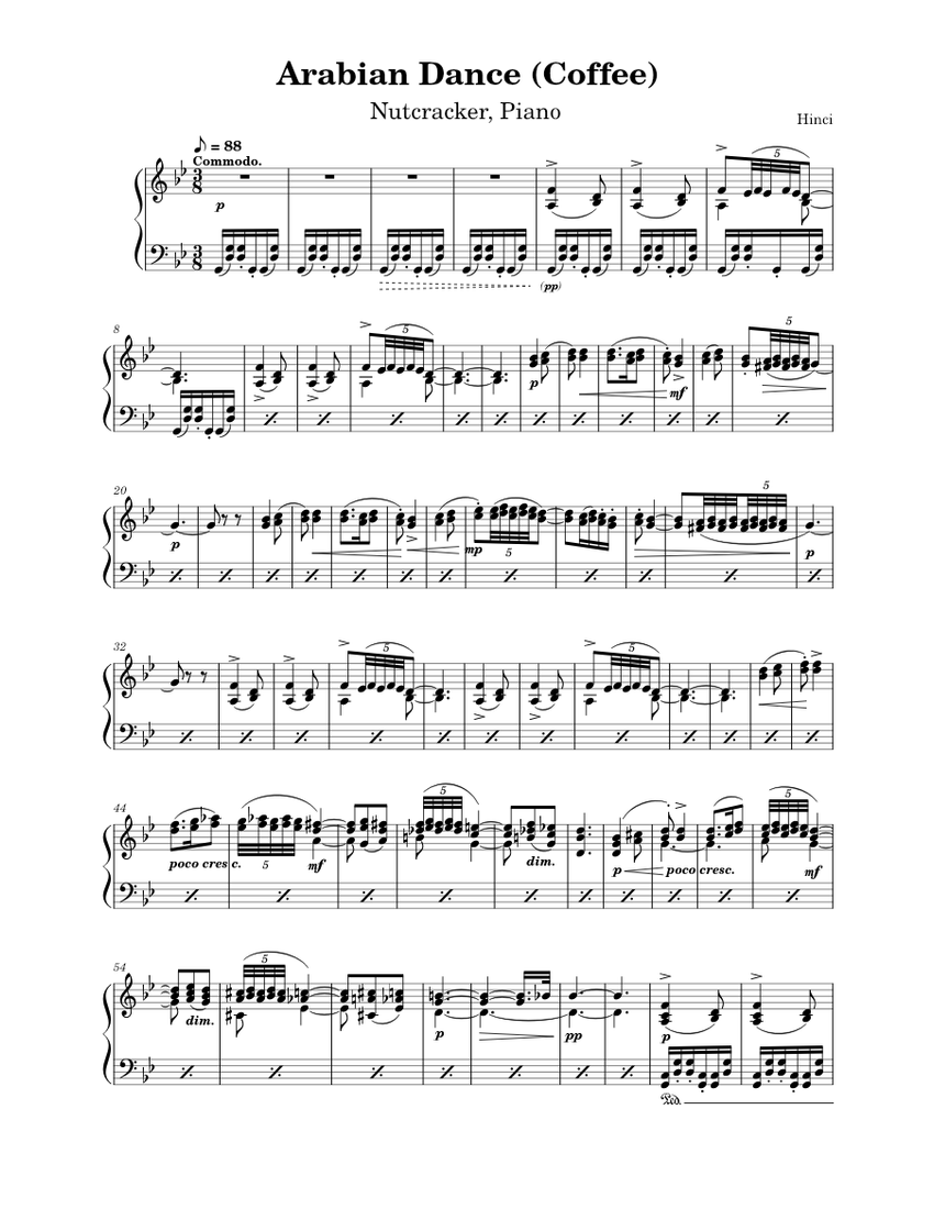 Nutcracker, 12b. Arabian Dance (Coffee) Sheet Music for Piano (Solo ...