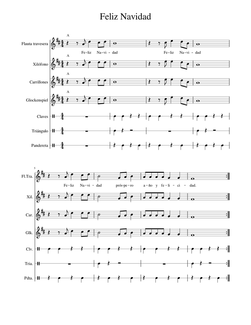 Feliz Navidad rondalla Sheet music for Tambourine, Flute, Glockenspiel ...