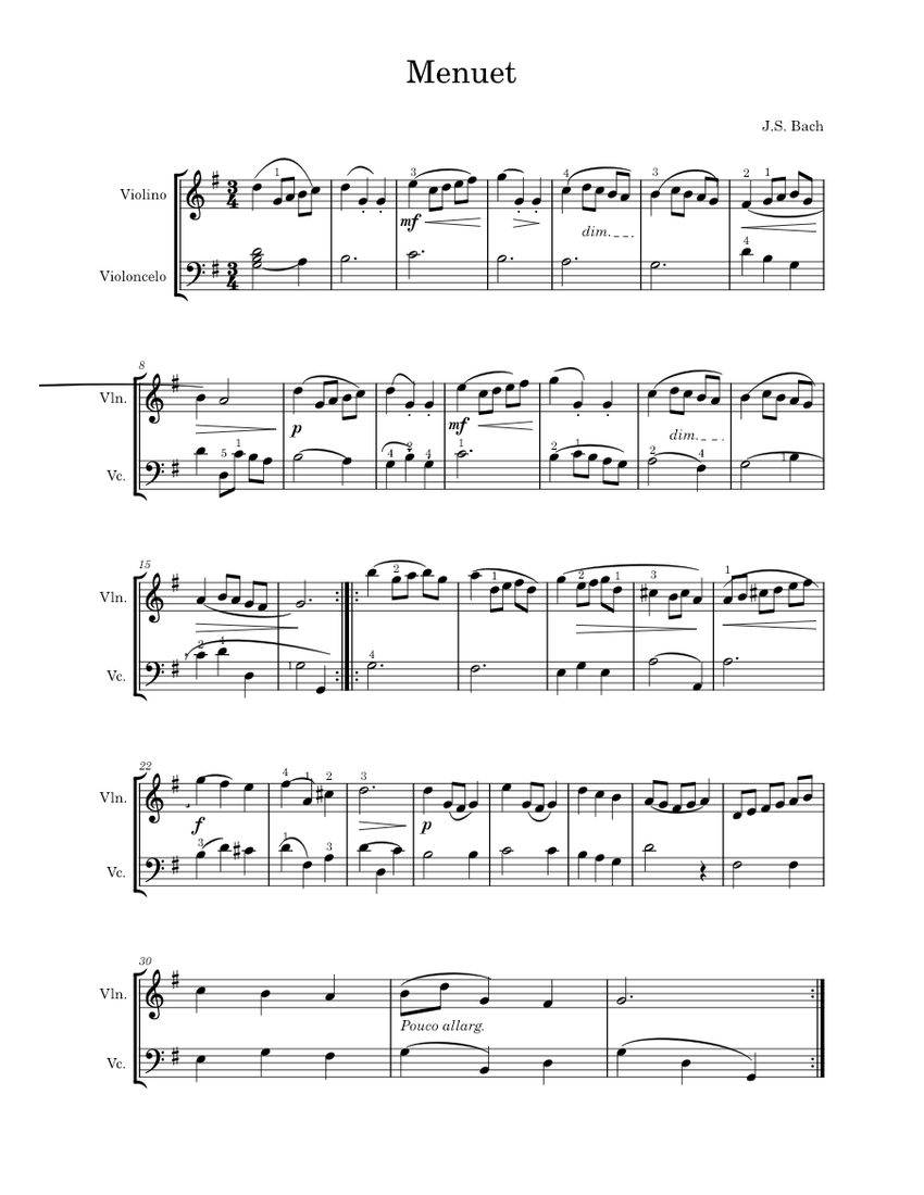 Minuet in G major, BWV Anh.114 – Johann Sebastian Bach Minuet Sheet music for Violin, Cello ...