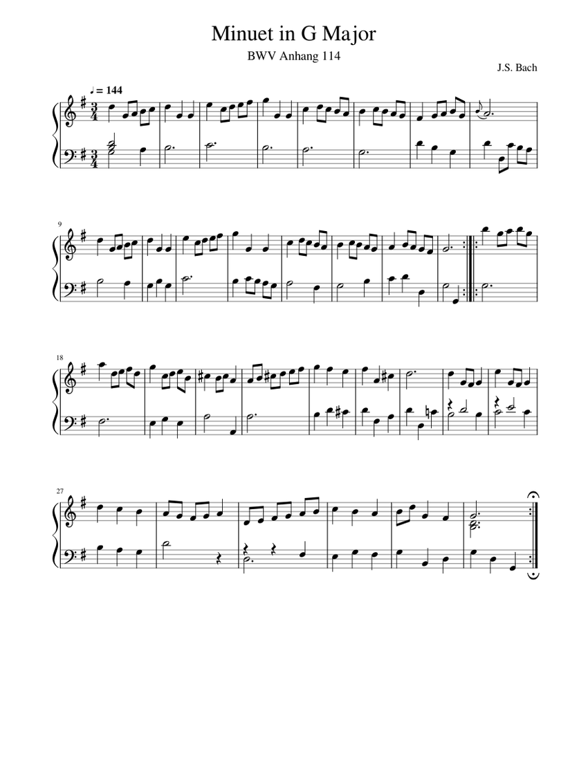 J.S. Bach - Minuet in G Major (BWV Anhang 114) Sheet music for Piano (Solo) Easy | Musescore.com