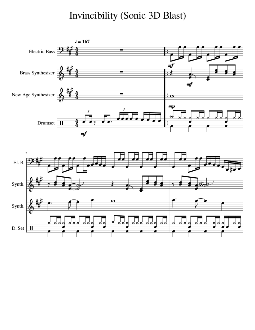 Invincibility Theme (Sonic 3D Blast) Sheet Music for Bass guitar, Drum ...