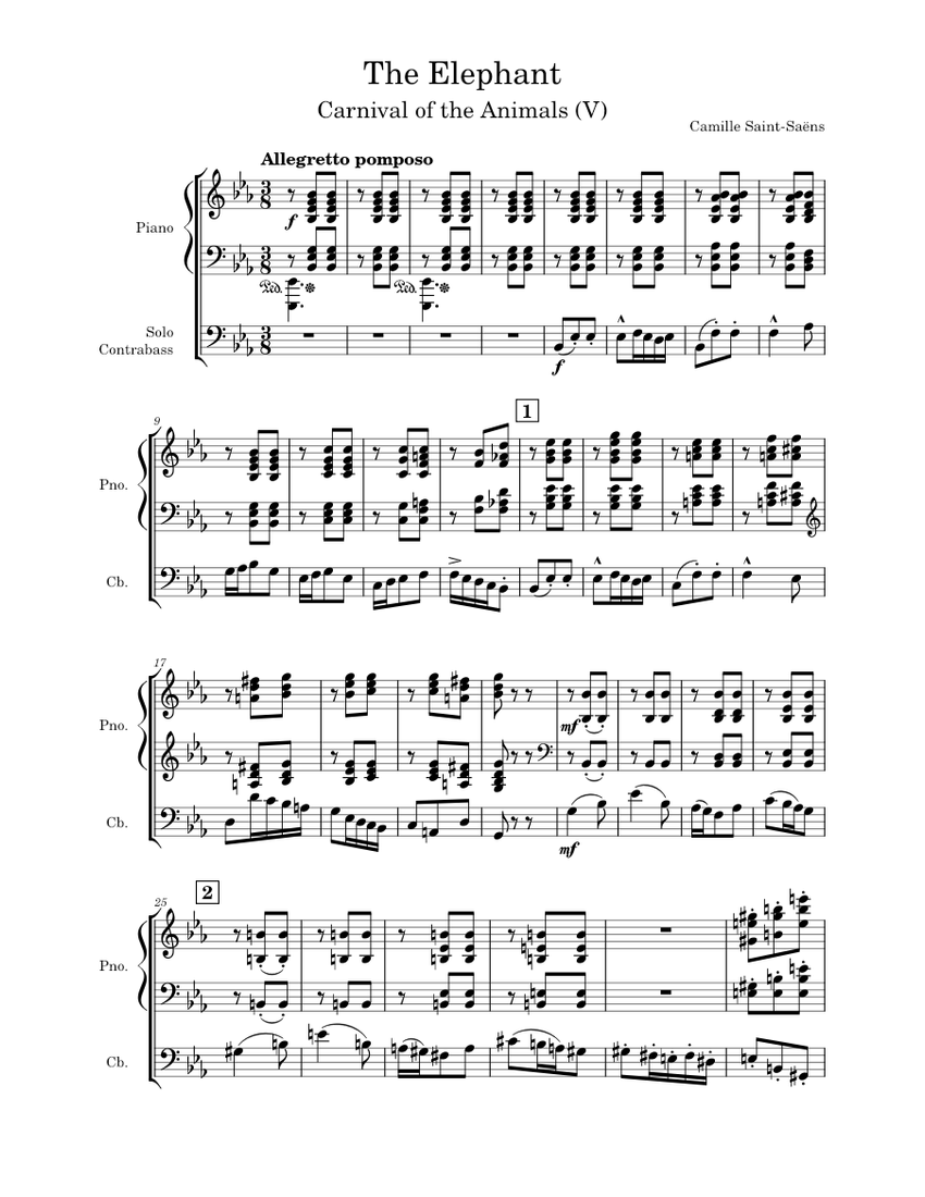 The Elephant, Carnival of the Animals (5th Movement), by Camille Saint-Saëns Sheet music for ...