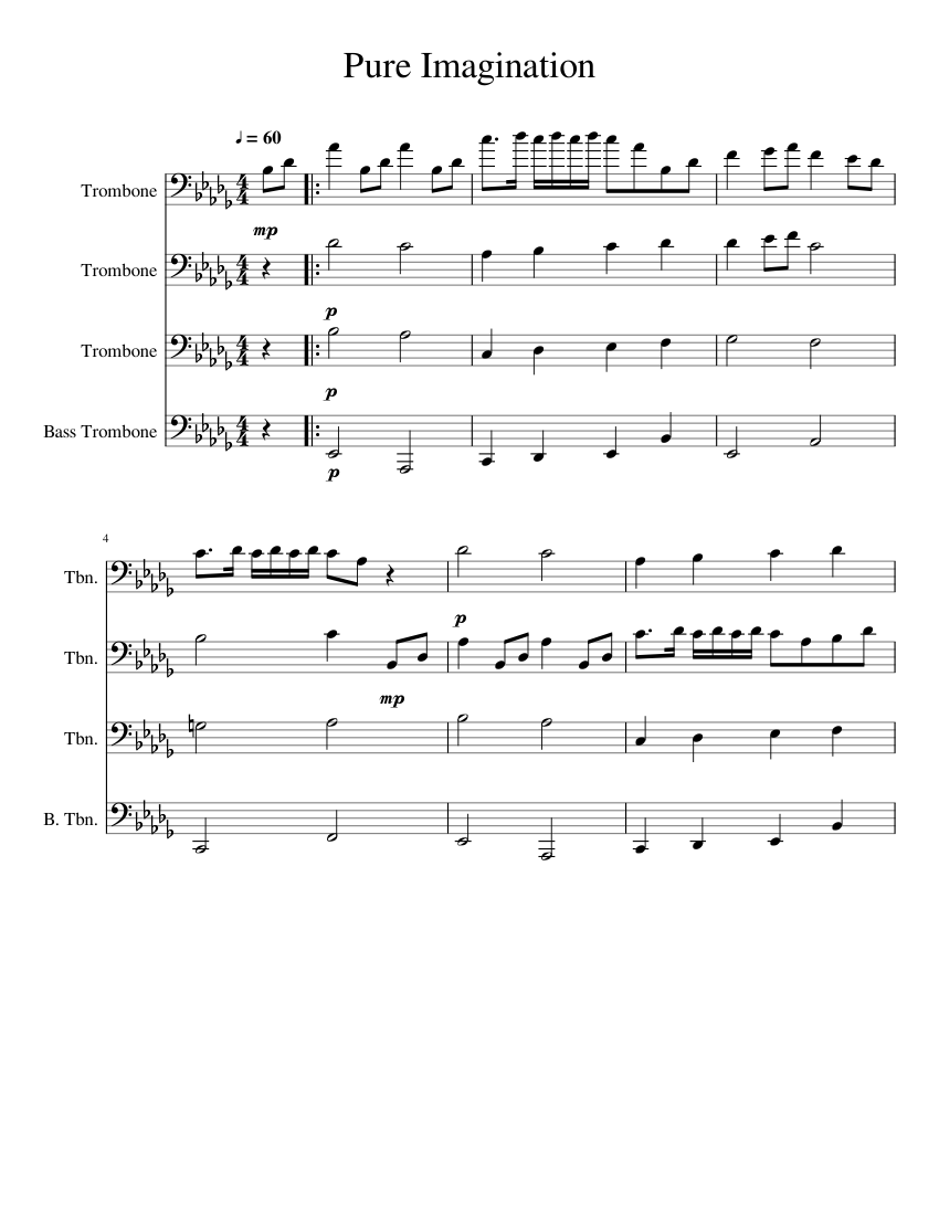 Pure Imagination Sheet Music for Trombone, Trombone bass (Mixed Quartet ...