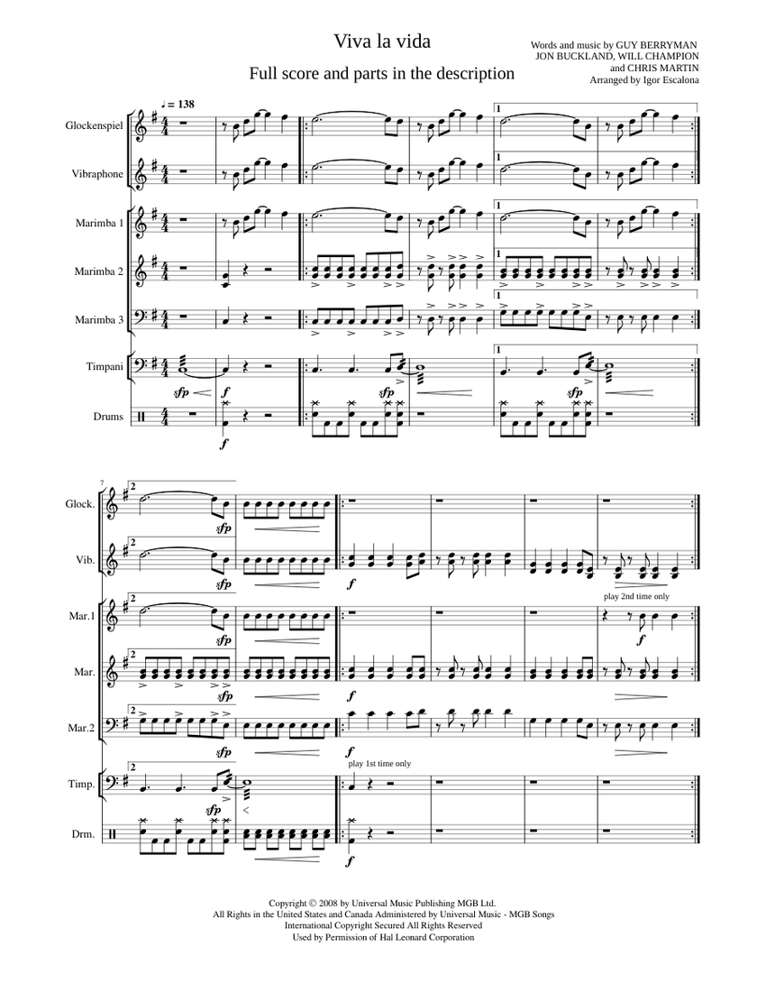 Viva la vida | ColdPlay | Percussion ensemble Sheet Music for Timpani ...