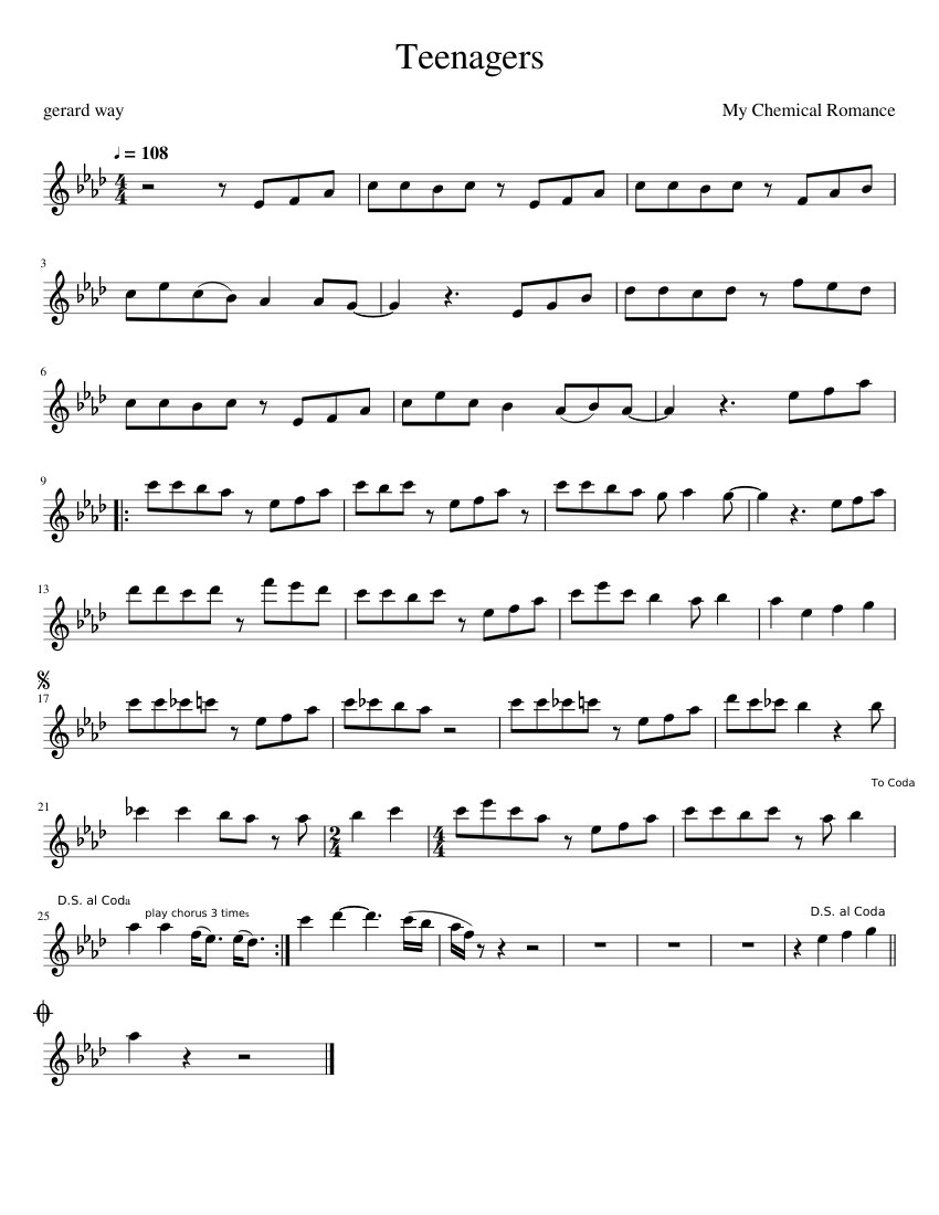 Teenagers By my chemical romance Sheet Music for Flute (Solo ...