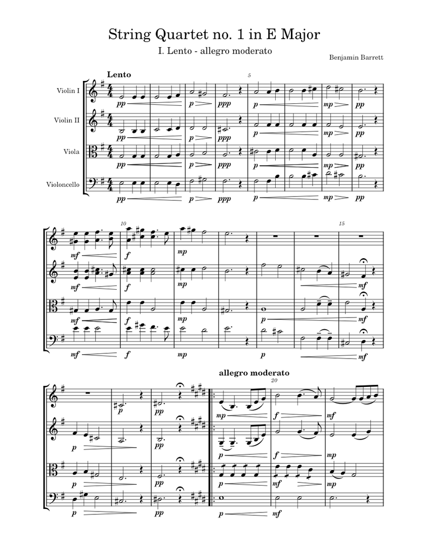 String Quartet no. 1 in E major; I: Lento - allegro moderato Sheet music for Violin, Viola ...