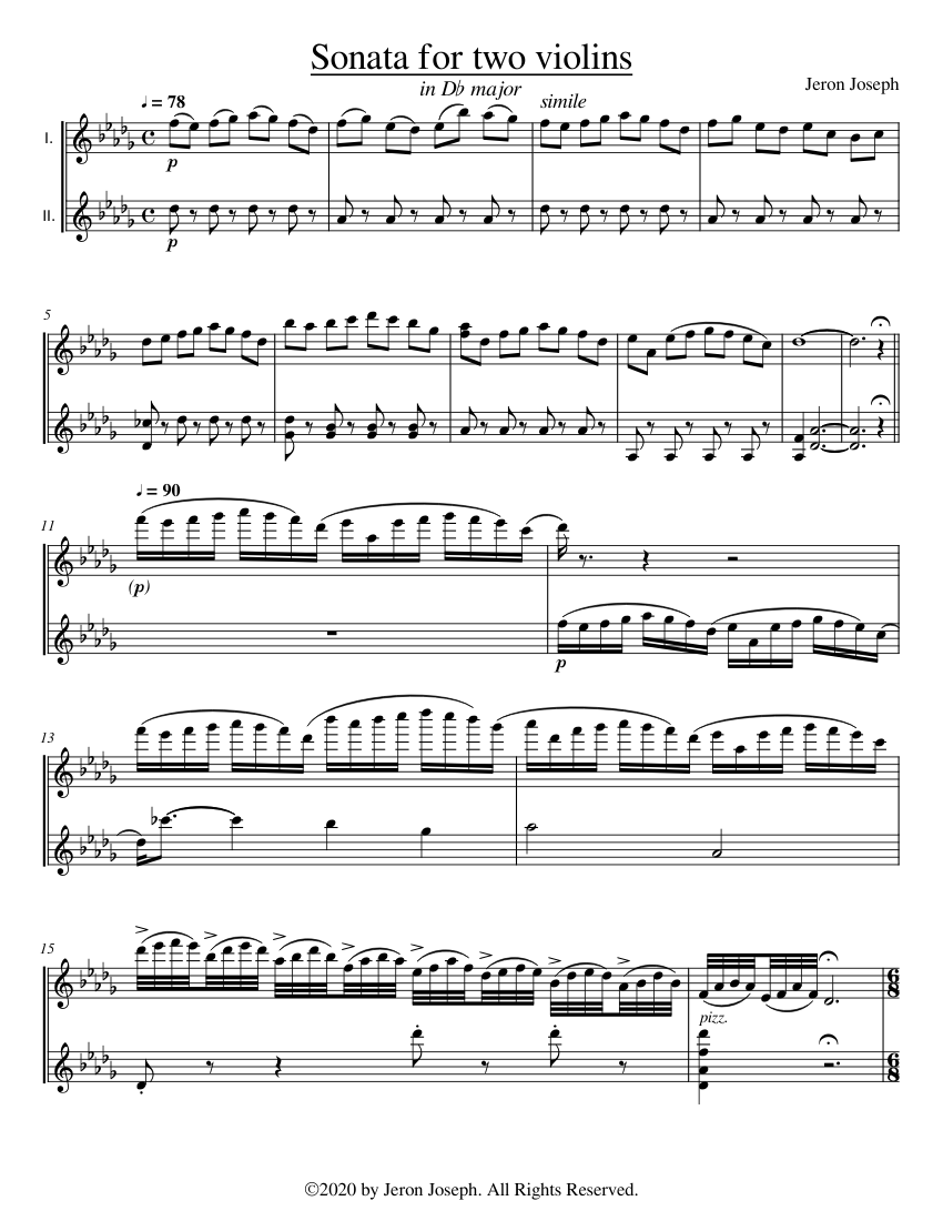 Sonata for two violins in D flat major Sheet music for Violin (Mixed ...