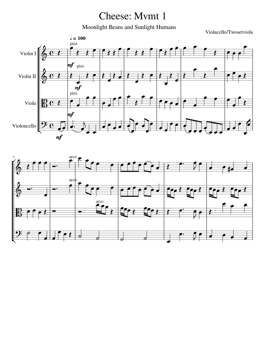 Cheese Mvmt 1 Sheet music for Violin, Viola, Cello (String Quartet ...