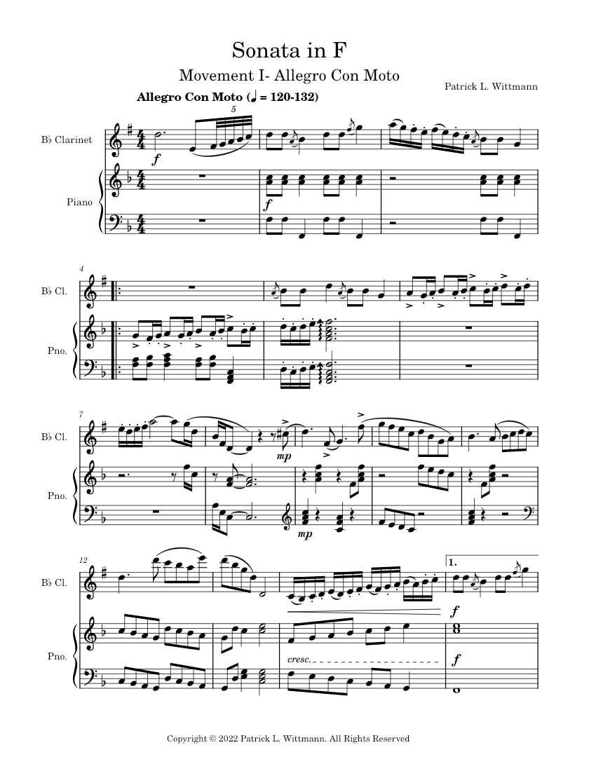 Sonata in F for Bb Clarinet & Piano Sheet music for Piano, Clarinet in ...