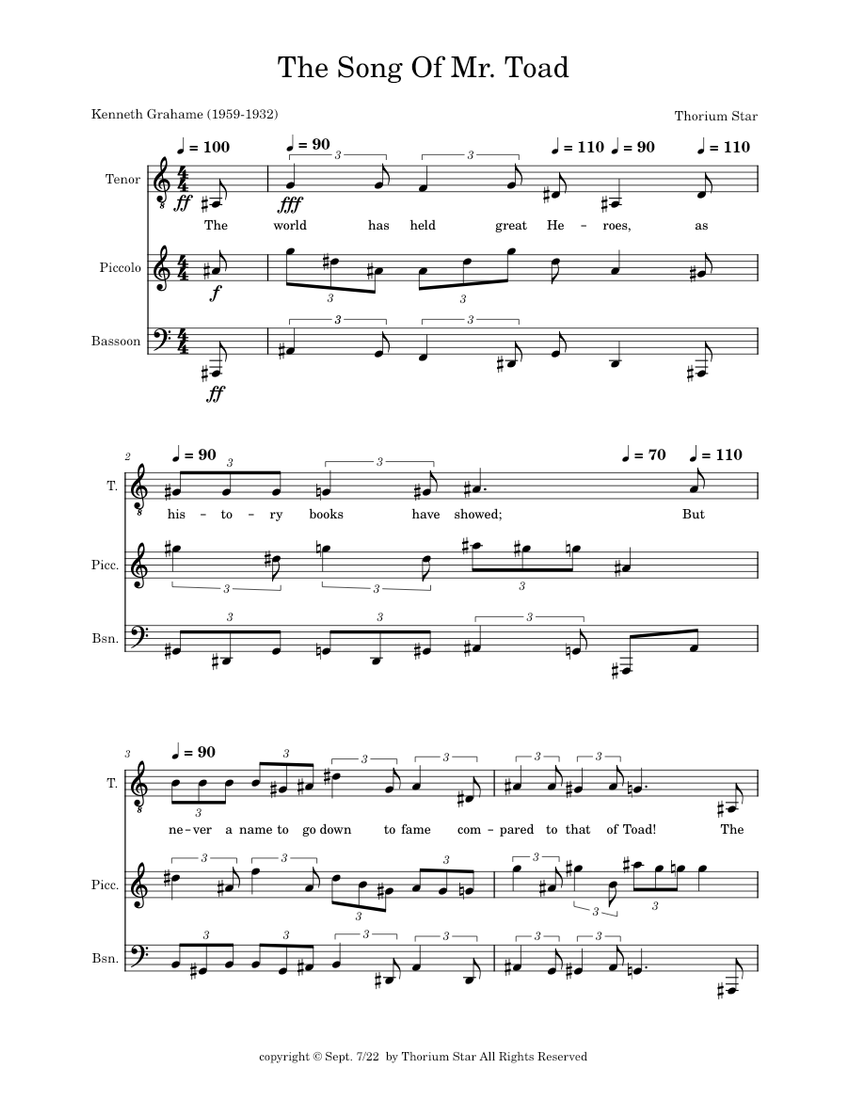 The Song Of Mr. Toad Sheet music for Tenor, Flute piccolo, Bassoon ...