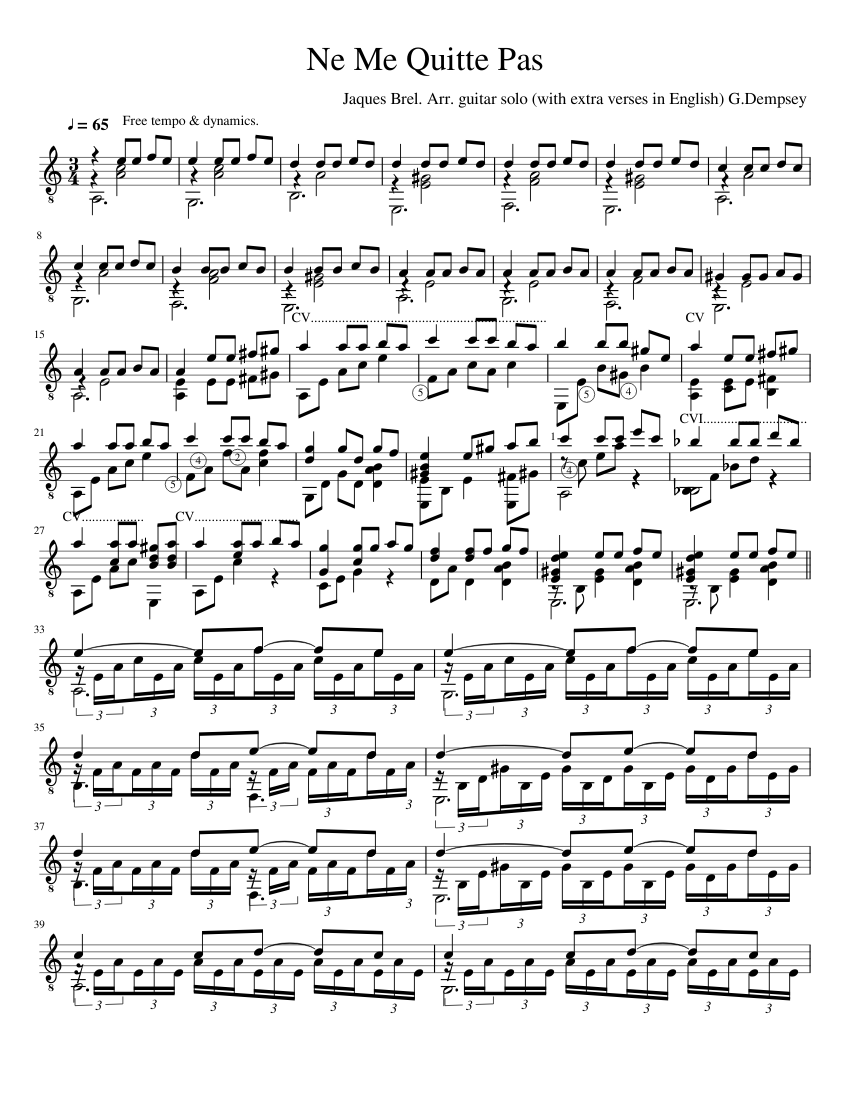 Ne Me Quitte Pas. Jaques Brel. Arr. guitar solo G.Dempsey Sheet Music ...