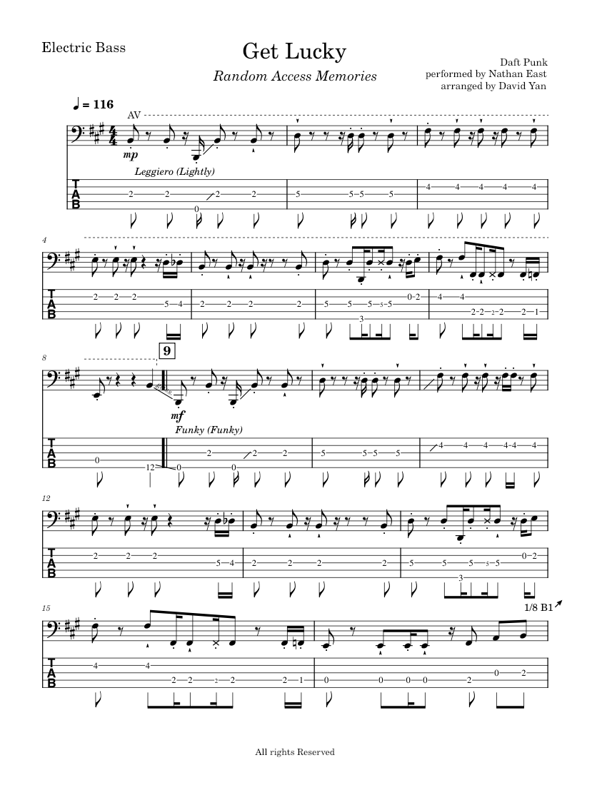 Get Lucky Sheet Music and Tab for Bass guitar (Solo) | MuseScore.com